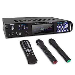 4 Channel Bluetooth Power Amplifier - 1000W Home Audio Rack Mount Stereo Receiver w/AM FM Radio, USB, Headphone, Dual Wireless Mic w/Echo for Karaoke, LED, for Speaker Sound System - Pyle PWMA1003BT