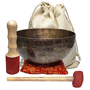 CRAFTSTRIBE 8" Large Hand Hammered Himalayan Full Moon Singing Bowl Meditation Healing Bowl With Mallet And Silk Cushion