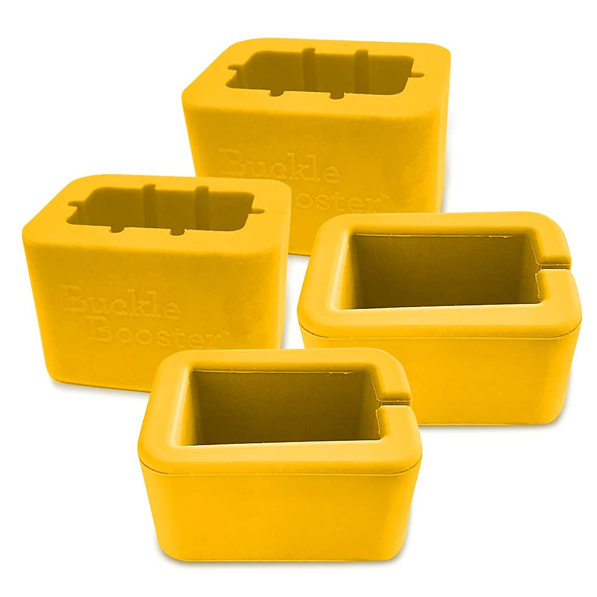 BPA-Free Car Seat Belt Buckle Booster Yellow - Two Styles - Keeps Your Receptacle Stable & Upright – Free Sticker Gift (4-Pack, Combo Pack (2 Tall + 2 Short))