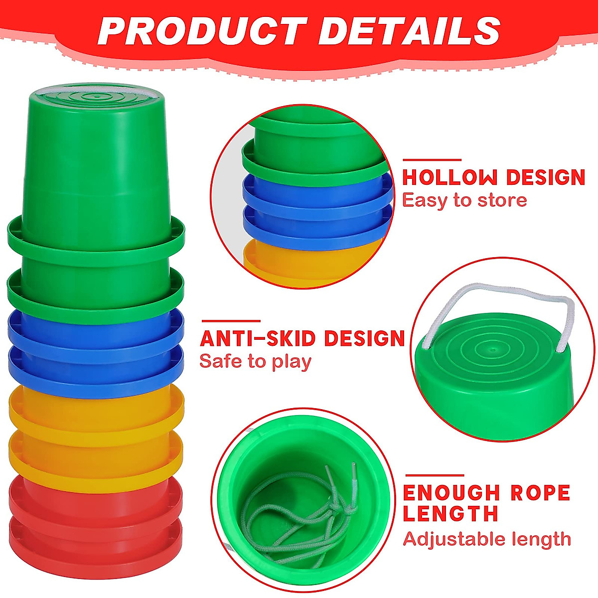 Hungdao 12 Pairs Balancing Stilts for Kids Walking Bucket Stilts Plastic Walking Stilts Toy with Adjustable Rope for Preschool Playground Indoor Outdoor Obstacle Course Games, 4 Colors