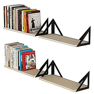 Wallniture Minori Floating Shelves for Wall Decor, Bookshelf for Living Room Decor, Kitchen Organization, Bathroom Decor Set of 4 Natural Wood Black Brackets