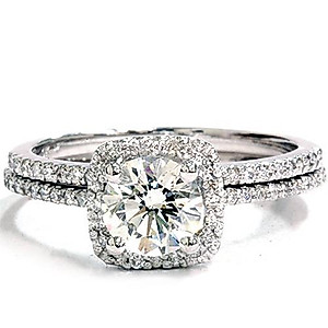 1CT Diamond Engagement Ring Cushion Halo Wedding Ring Set 14K White Gold - Size 4