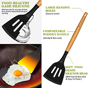 Silicone Kitchen Cooking Utensil Set, Fungun 35 Pcs Kitchen Utensils Spatula Set with Utensil Holder for Nonstick Cookware, BPA Free Cooking Utensils, Kitchen Tools Gift (Black)