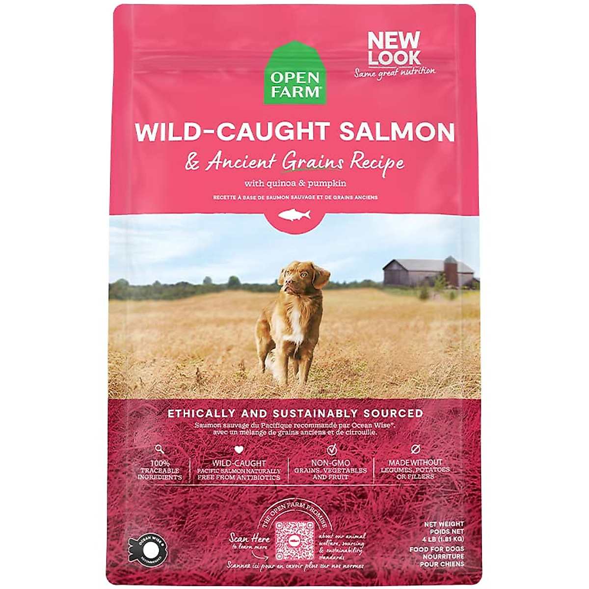 Open Farm Wild-Caught Salmon & Ancient Grains Dry Dog Food, Sustainably Fished Salmon Recipe with Wholesome Grains and No Artificial Flavors or Preservatives, 4 lbs