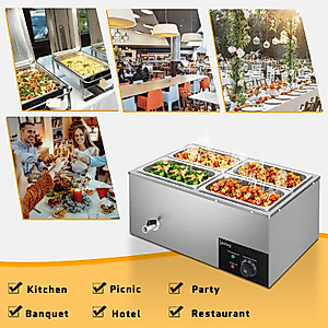 600W Commercial Food Warmer 5L x 4 Stainless Steel Plates Heating Food Warming Soup Pool 30-85°C/86-185°F