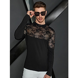 WDIRARA Men's See Through Floral Lace Mock Neck Long Sleeve Casual Tee Shirt Top Black XL