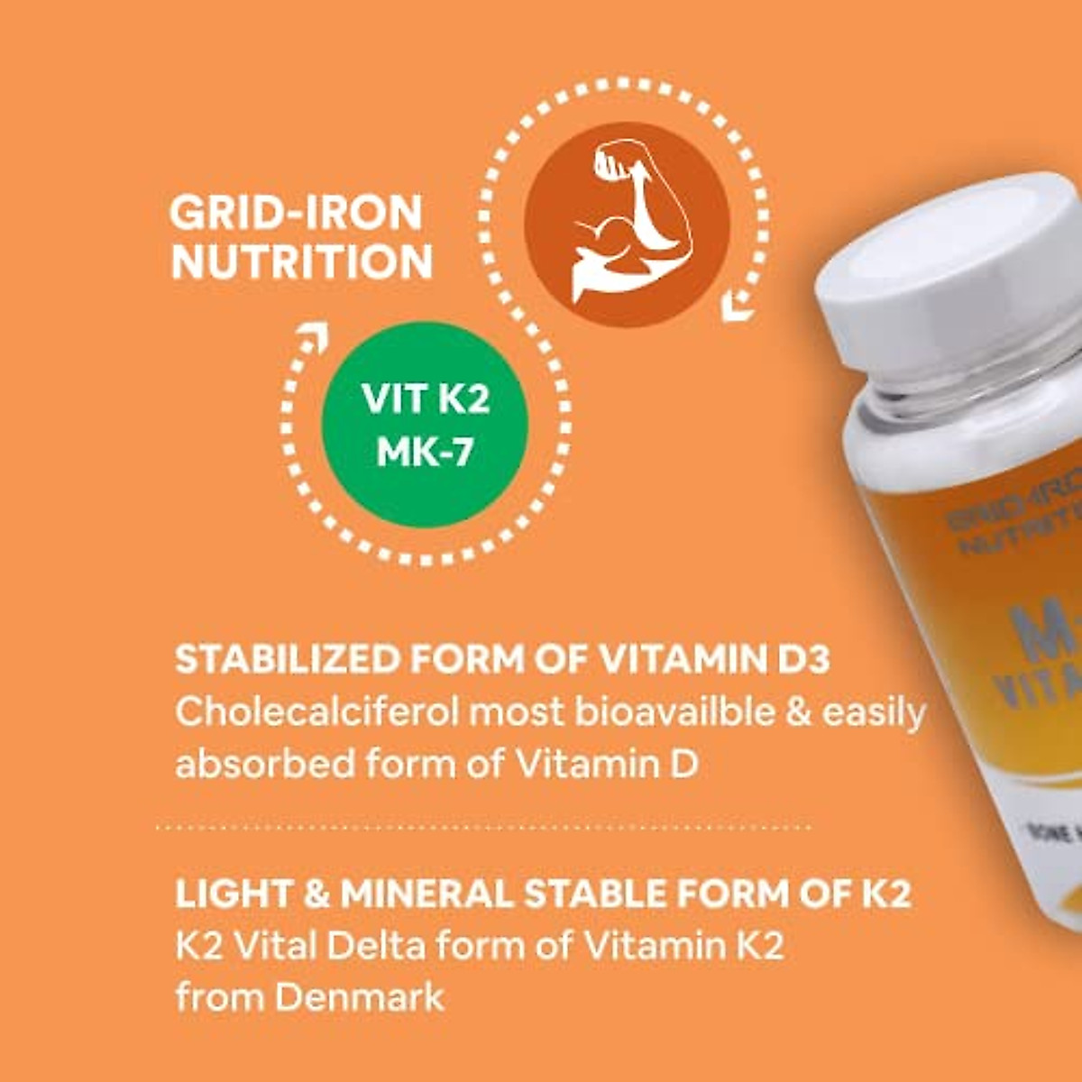 GRID-IRON NUTRITION Vitamin K2 Menaquinone-7 (MK-7) 100 MCG Dietary Supplement Suppots Bone & Health - 90 Capsules