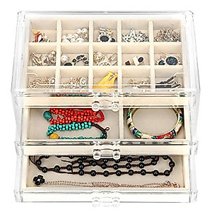 FEISCON Acrylic Jewelry Organizer Makeup Cosmetic Storage Organizer Box Clear Jewelry Case with 3 Drawers Adjustable Jewelry Box Velvet Trays Grid Size
