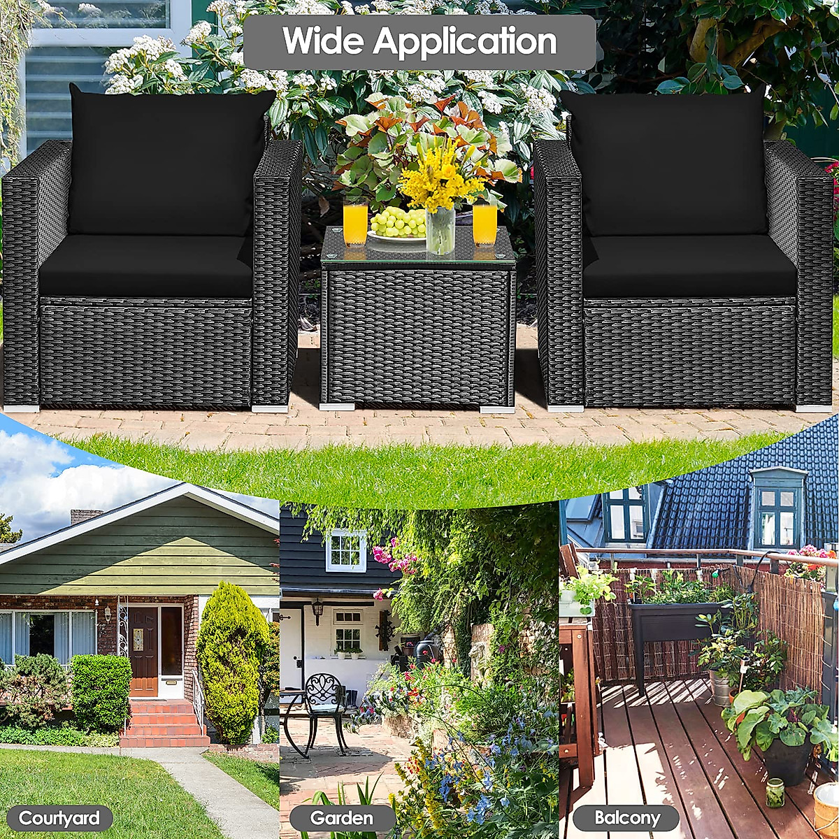 DORTALA 3 Pieces Patio Furniture Set, Outdoor Rattan Sofa Set with Cushions, Tempered Glass Tabletop, Wicker Conversation Furniture Set for Backyard, Garden, Poolside, Balcony, Black