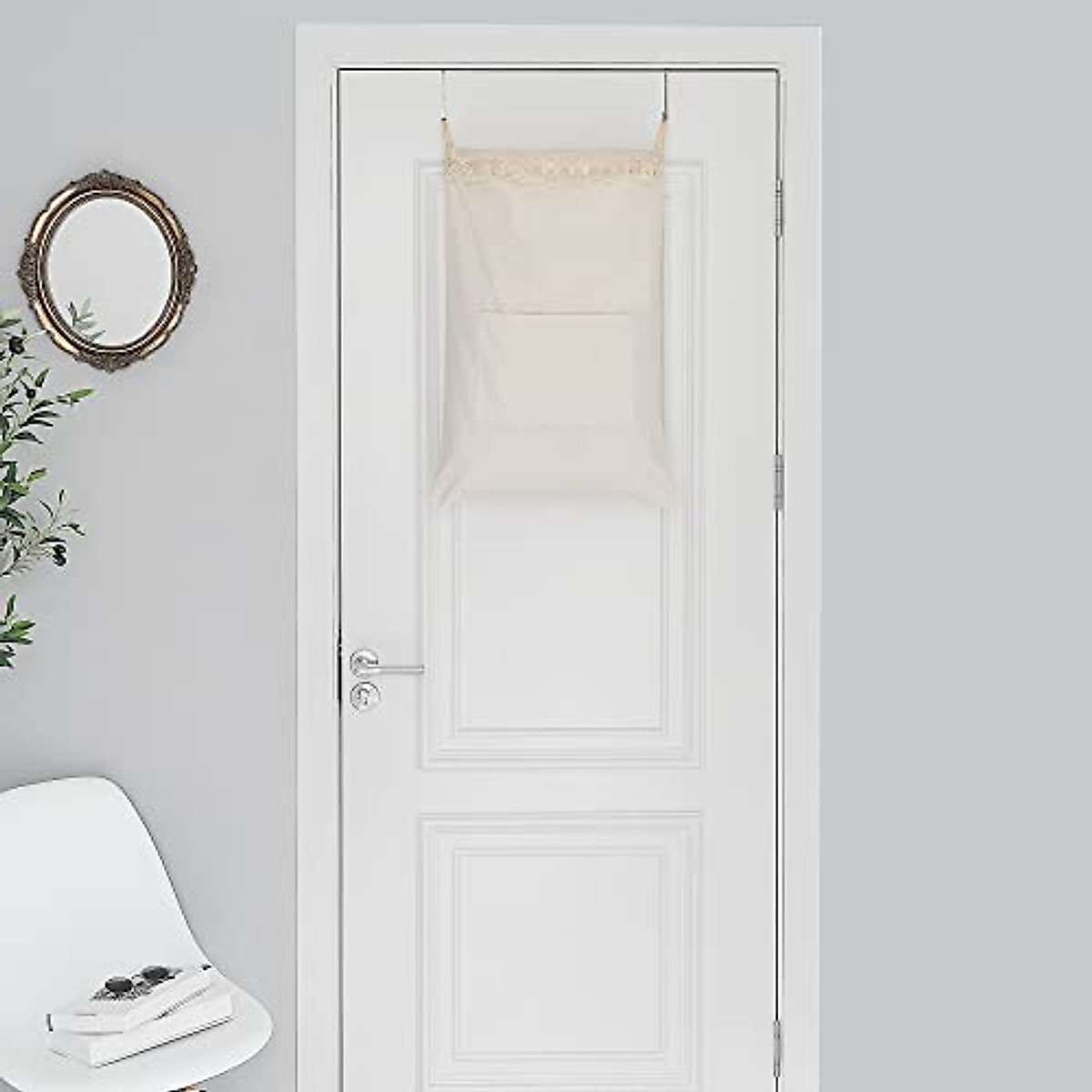 Dahey Macrame Hanging Laundry Hamper Bag, Over The Door Laundry Hamper with Hooks Boho Hanging Laundry Basket Organizer with Tassel Decor Holding Dirty Clothes for Bathroom Bedroom Dorm Nursery