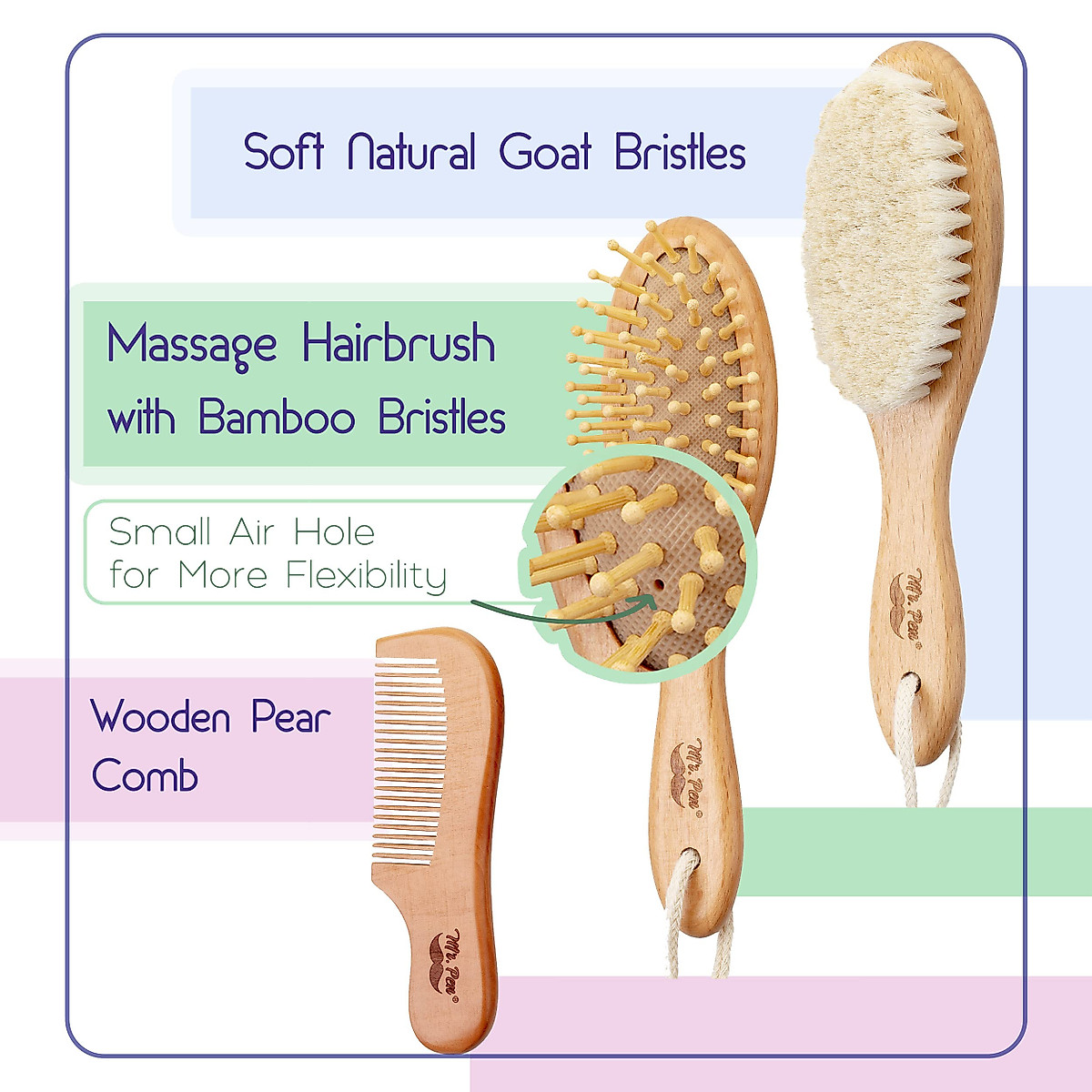 Mr. Pen- Baby Brush and Comb Set, 3Pcs, Wooden, Baby Hair Brush, Cradle Cap Brush, Baby Brush Set for Newborns, Infant Hair Brush, Baby Comb and Brush Set, Newborn Hair Brush, Baby Brushes for Hair