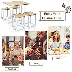 KOTEK Dining Table Set for 4, Kitchen & Dining Room Table Sets with 4 Square Stools, Metal Frame, 5 Piece Compact Kitchen Table and Chairs for Small Space (Beige & White)