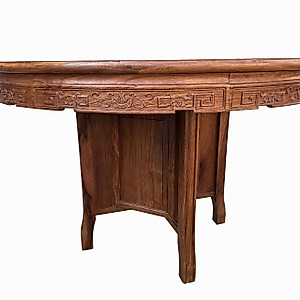 Chinese Brown Flower Carving Wood Round Pedestal Base Tea Table Acs7697