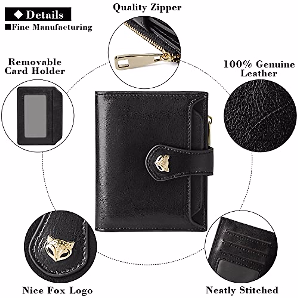 FOXLOVER Small Leather Wallets for Women Ladies RFID Blocking Bifold Zipper Pocket Wallets with ID Window (Black)