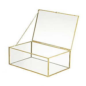 WHSLILR 10.8” Glass Jewelry Box Gold Card Box with Hinged Lid, Gold Keepsake Box for Storage Wedding Card, Trinkets, Photo and More, Cute Glass Box for Women and Girl,Vintage