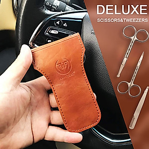 HANTEKAS Professional Stainless Steel Curved Rounded Facial Hair Scissors Tweezers Set For Men Moustache, Nose Hair, Beard Trimming Scissors,Safety Use for Eyebrows,Eyelashes,Ear Hair - PU Leather Bag