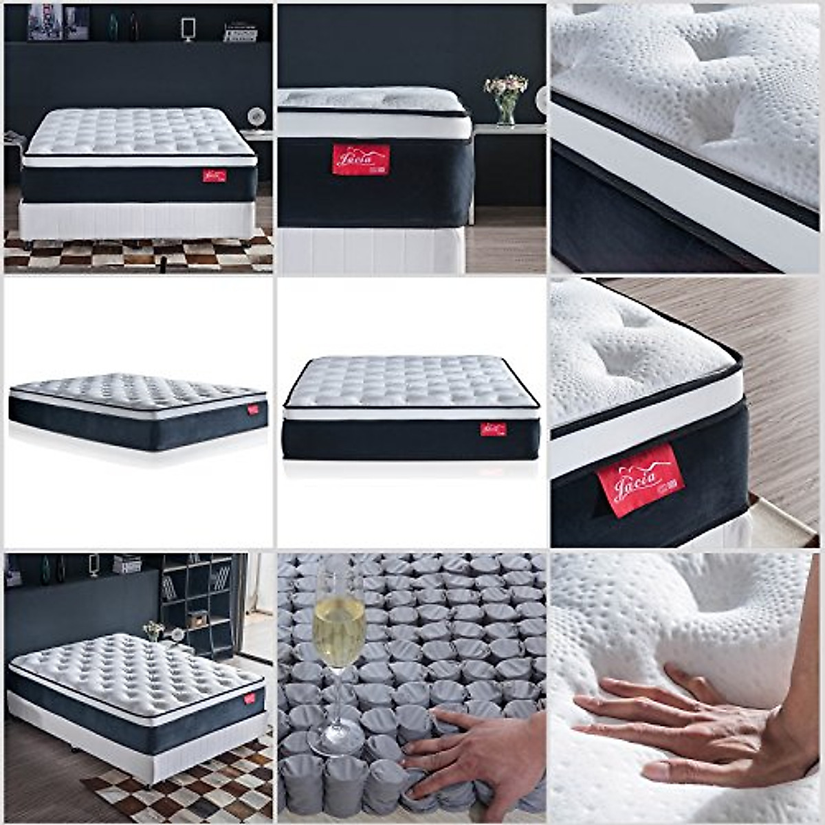Jacia House King Mattress, 12 Inch Pillow-Top Pocket Spring Hybrid Mattress - Bed in a Bag - 100% Natural Latex Double Hybrid Firm Mattress King