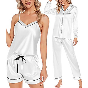 SWOMOG Women's 4pcs Satin Silky Pajama Set Long Sleeve Button Top with Long Pant White