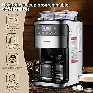 Homtone 10-Cup Coffee Maker with Burr Grinder Built-in,Programmable Grind & Brew, Smart LED Touchscreen Auto Drip Machine, 950W, Black/Stainless Steel, Customizable Strength & Grind Size