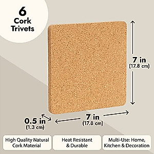 6-Pack Square Cork Trivet, Corkboard Placemats, Cork Hot Pads for Table, Home Kitchen, Hot Pots, Pans, and Kettles, Heat Resistant, Multifunctional (7x7 inches)
