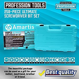 Amartisan 258-Piece Ultimate Screwdriver Bit Set, Chrome Vanadium Steel Driver Bit Set, Security bit set, Includes Bits Holder, Nut Driver, etc (Blue)