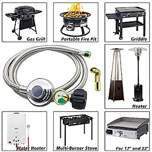 Upgrade 6 FT Braided Propane Regulator and Hose with Gauge, QCC1 Propane Adapter Hose Regulator for 20lb Tank with Elbow Adaptor, Replacement Part for Blackstone for Weber LP Gas Grill Heater Fire Pit