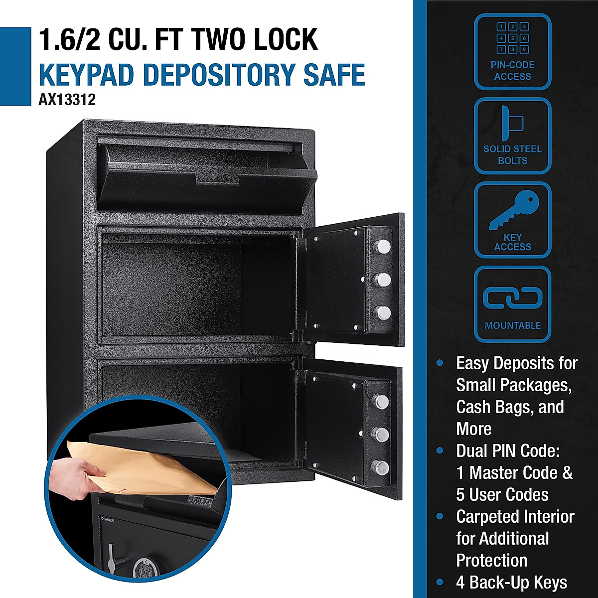 Barska AX13312 Digital Keypad Two Lock Depository Drop Safe 1.6/2 Cubic Ft for Money, Cash & Mail