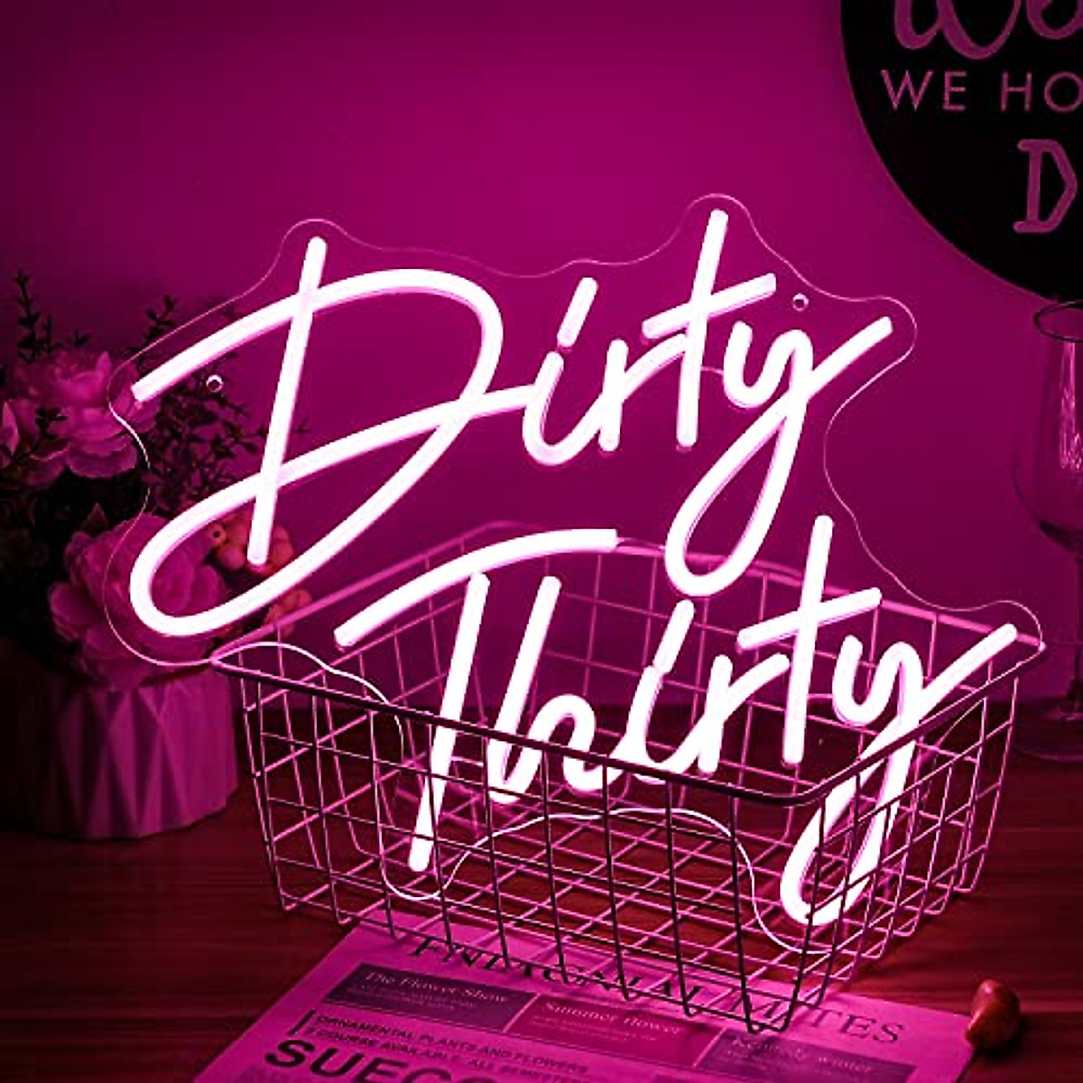 Alkkign Dirty Thirty Neon Sign 30th Birthday Party Neon Signs Dimmable Pink Letter LED Neon Lights USB Powered with Switch for Bedroom Wall Decor Bar Club Hotel Restaurant Party Wall Hanging Decoration