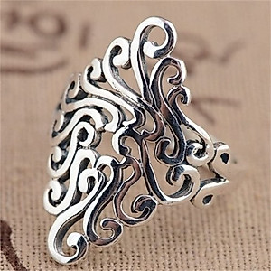 Dtja Filigree Vintage Statement Ring for Women Oxidized Boho Expandable Adjustable Totem Flower Leaves Open Wide Wrap Finger Rings Comfort Fit Bohemian Jewelry