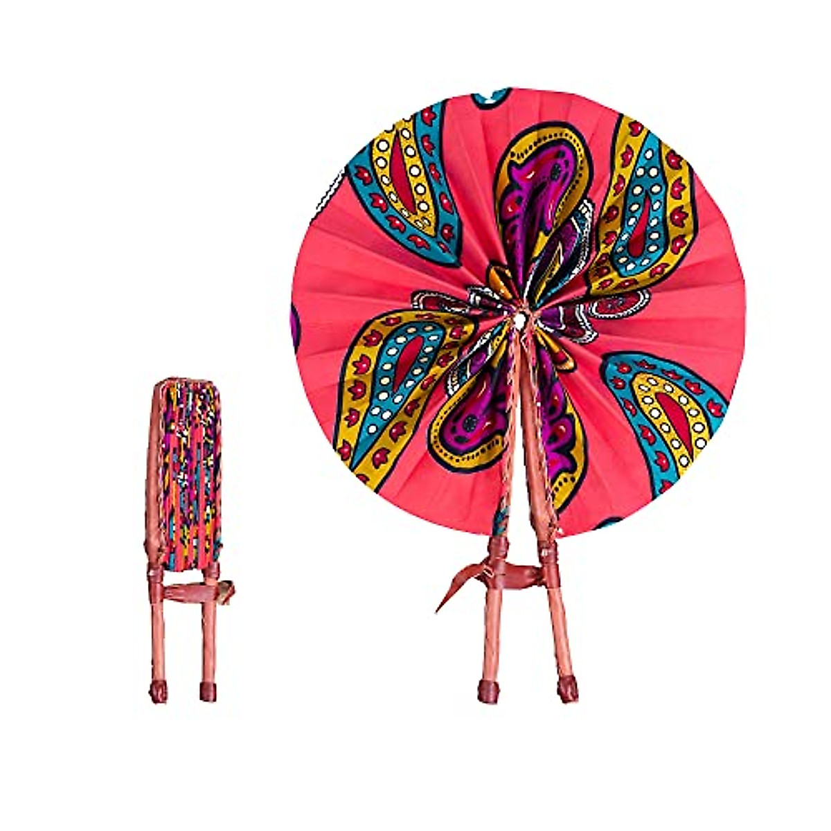 Ghana Handmade Colorful Ankara African Print Handheld Bolga Folding Fan With Leather Handles Handheld African Fabric Folding Fan (Multi 7)