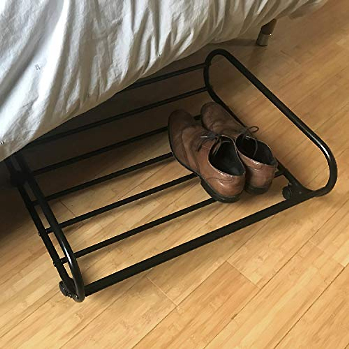 MyGift 24-Inch Rolling Stainless Steel Black Metal Under Bed Storage Cart, Space Saving Organizer Rotating Wheels