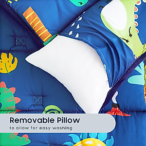 Wake In Cloud - Toddler Nap Mat with Pillow and Minky Fleece Blanket, for Kids Boys Girls in Daycare Preschool Kindergarten, Roll Up Sleeping Bag, Dinosaur Navy Blue, Standard Size