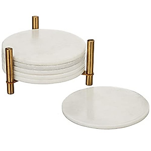 Queenza Marble Coasters for Drinks, Set of 6 Coasters with Holder, Pearl White Marble Coasters 3.5 Inch Wide 5 mm Thick Gold Coasters For Drinks, Both Side Polish For Scratch Free Surface Coaster Set