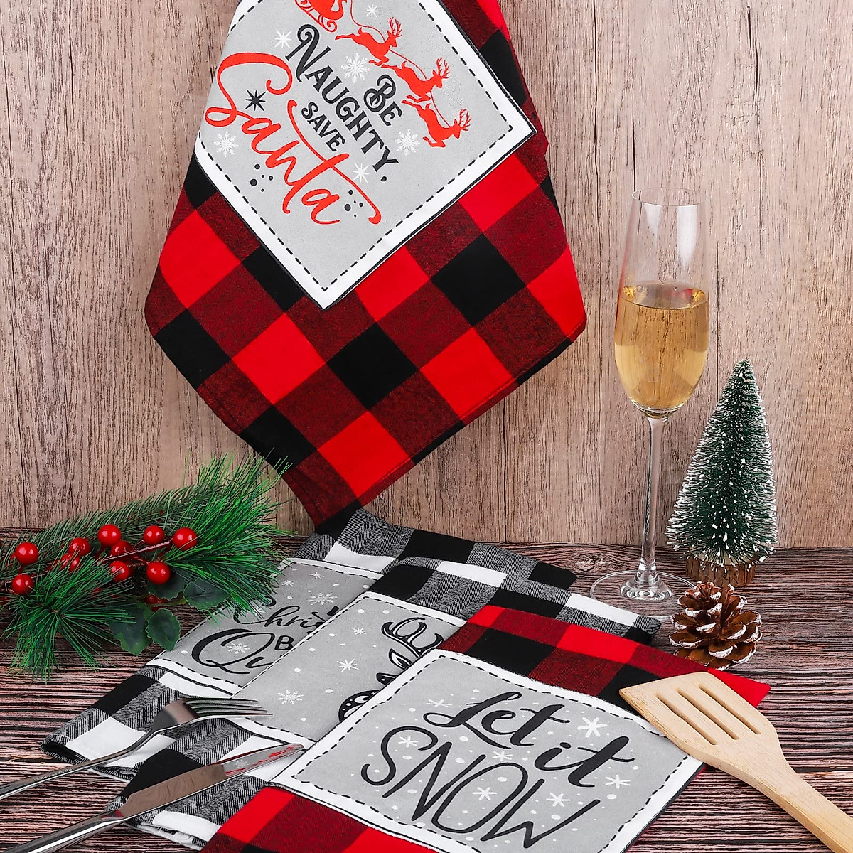 Ruisita 4 Pack Buffalo Plaid Christmas Cotton Kitchen Towels Oversized Embroidered Xmas Decorative Dish Towels 28 x 18 Inch for Winter Holiday Kitchen Drying Cooking