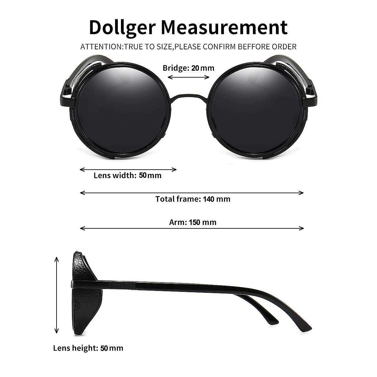 Dollger Steampunk Vintage Retro Round Sunglasses Metal Circle Frame (Black Lens+Black Frame,100% UV Protection Lens)