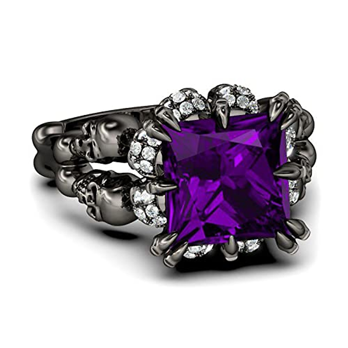 Jeulia 6.55 Carat Personalized Princess Cut Diamond Rings for Women Sterling Silver Double Row Halo Engagement Rings Black Plated Bridal Band Rings Anniversary Promise with Jewelry Gift Box (Purple, 8)