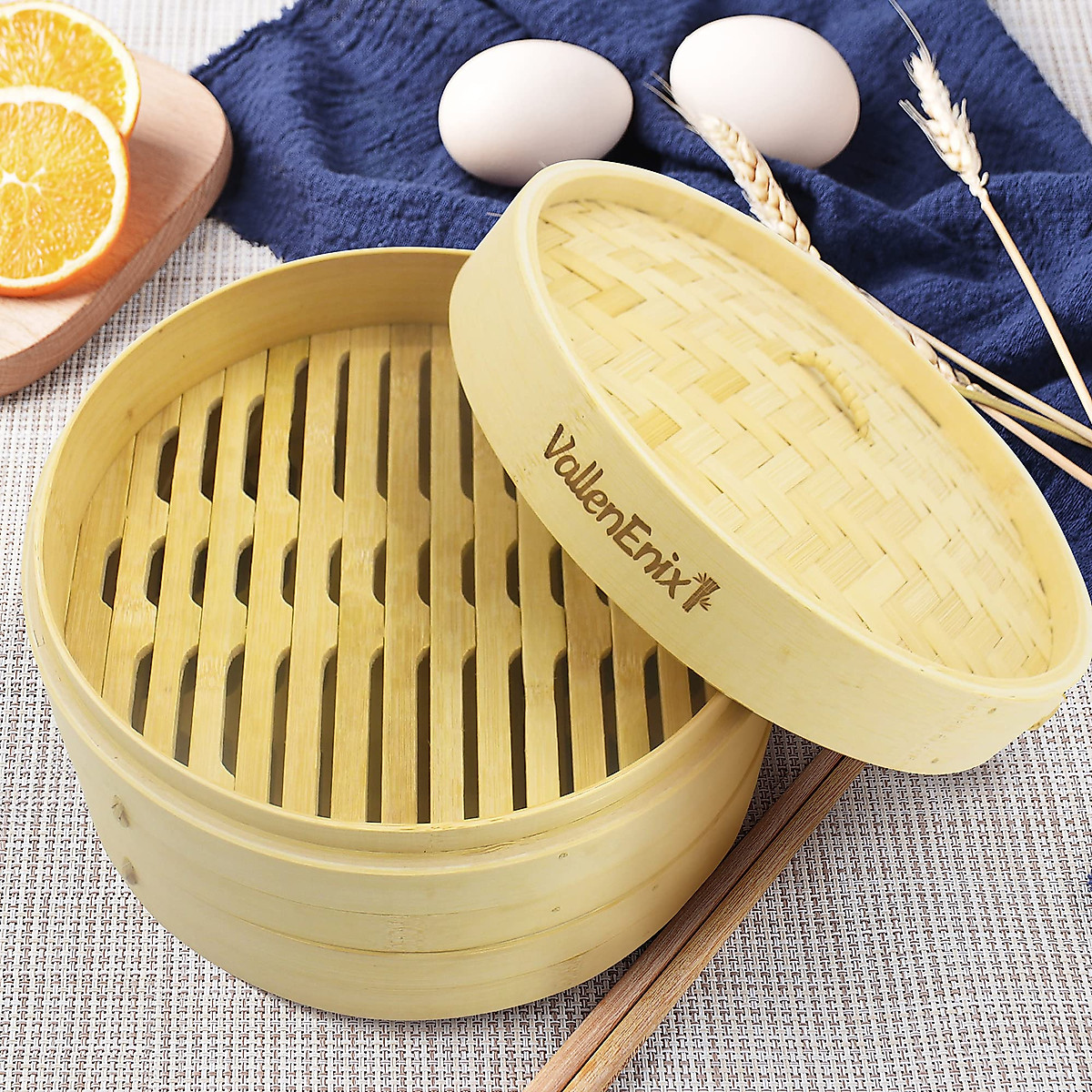 VallenEnix Bamboo Steamer Basket - 10-inch, 2-Tier, Stainless Steel Adapter Ring, 4 Silicone Liners. Natural Basket Steam, Cook Asian Food, Dim Sum, Chinese Dumplings, Bao Bun, Vegetables & Rice