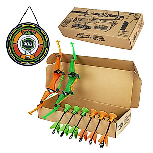 Zing Air Storm Bullz Eye Bow, Includes 2 Bows, 6 Sticky Arrows and 1 Target, Safely Shoots Arrows Over 35ft, Short Range Indoor or Outdoor Active Play, Great Bow and Arrow Toy
