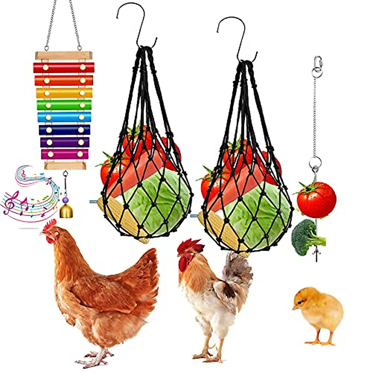KIEYYRYT 4 PCS Xylophone Chicken Toys for Coop, Veggies Skewer, Fruit Holder, Vegetable Hanging Feeder for Chicken Coop Accessories, Chicken Bells Toys for Hens