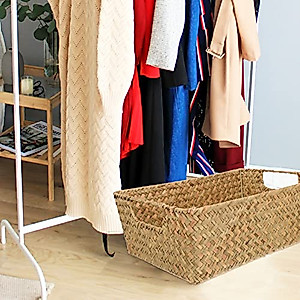 DOITOOL Large Woven Basket for Storage Natural Wicker Basket for Organizing, Wicker Storage Basket with Handle for Pantry, Hand Woven Basket for Bedroom, Living, Shelves, Beige, 33X23X11CM