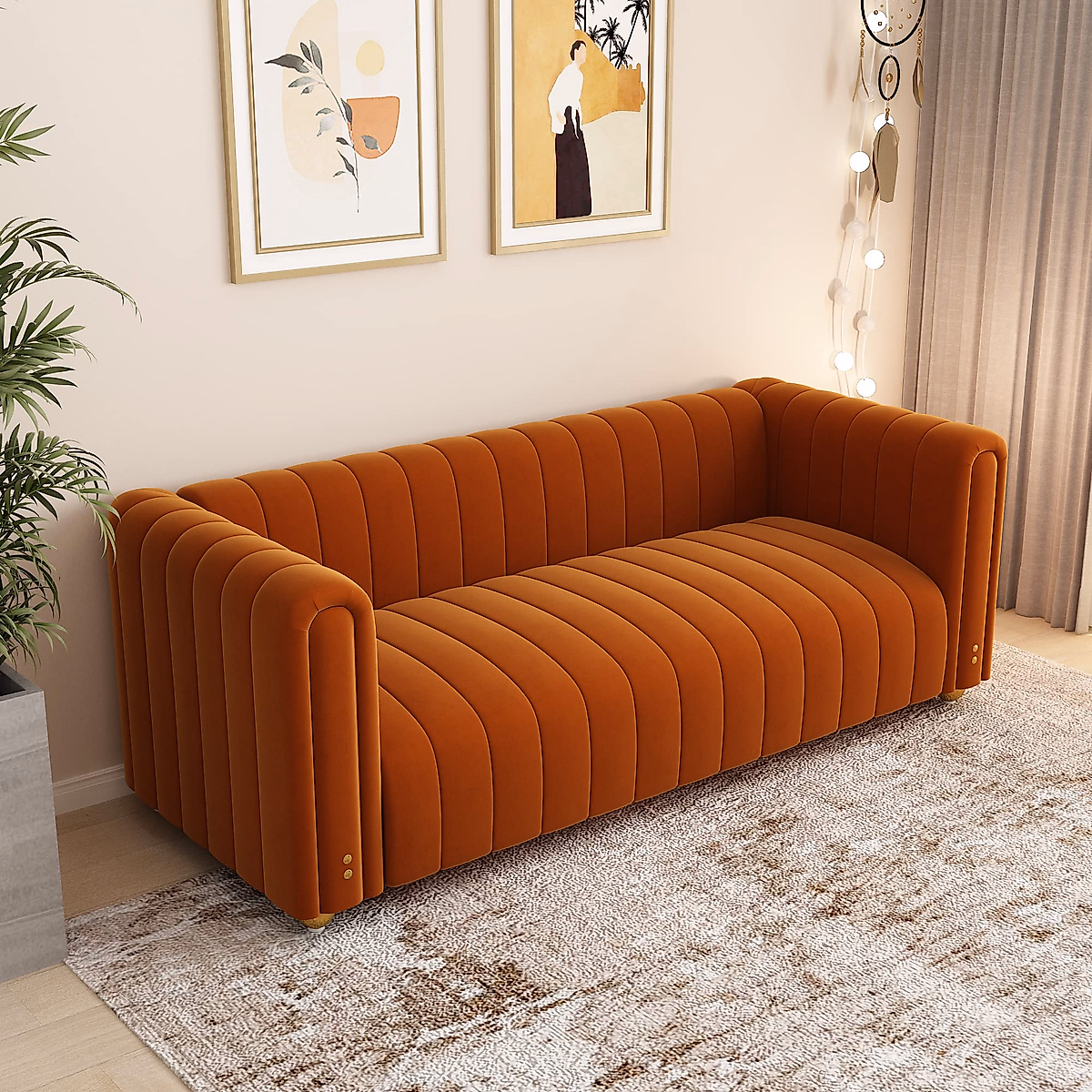 Velvet Couch Sofa Loveseat, 81.3 Wide Mid Century Modern Couch Small Spaces Love Seat Tufted Chesterfield Velvet Sofa Futon with Gold Leg, Comfy 3 Seat Deep Sofas Couches for Living Room (Orange)