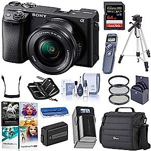Sony Alpha a6400 24.2MP Mirrorless Digital Camera with 16-50mm f/3.5-5.6 OSS Lens, Bundle with Bag, Intervalometer, Filter Kit, Battery, Charger, 64GB SD Card + Case, Tripod, PC Software Kit + More