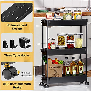 SPACEKEEPER Slim Rolling Storage Cart, 3 Tier Bathroom Storage Organizer Laundry Room Utility Cart Mobile Shelving Unit, Multi-Purpose for Kitchen Office Bathroom Laundry Narrow Places, Black