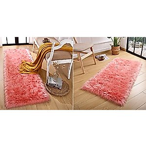 Rtizon 2 PCS Faux Fur Washable Rug, 2 x 5.9 Feet and 2 x 4 Feet Coral Fluffy Sheepskin Rug for Girls Bedroom Livingroom Floor Cushion Home Decor Bedside Carpet, Furry Chair Cover Seat Pad Mat