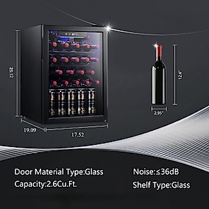 Antarctic Star 2.6 cu.ft Wine Cooler/Cellar Mini Beverage Refrigerator for Wine Beer Soda Clear Front Glass Door Small Drink Touch Screen for Bar Office Home with Quiet Compressor, Freestanding.