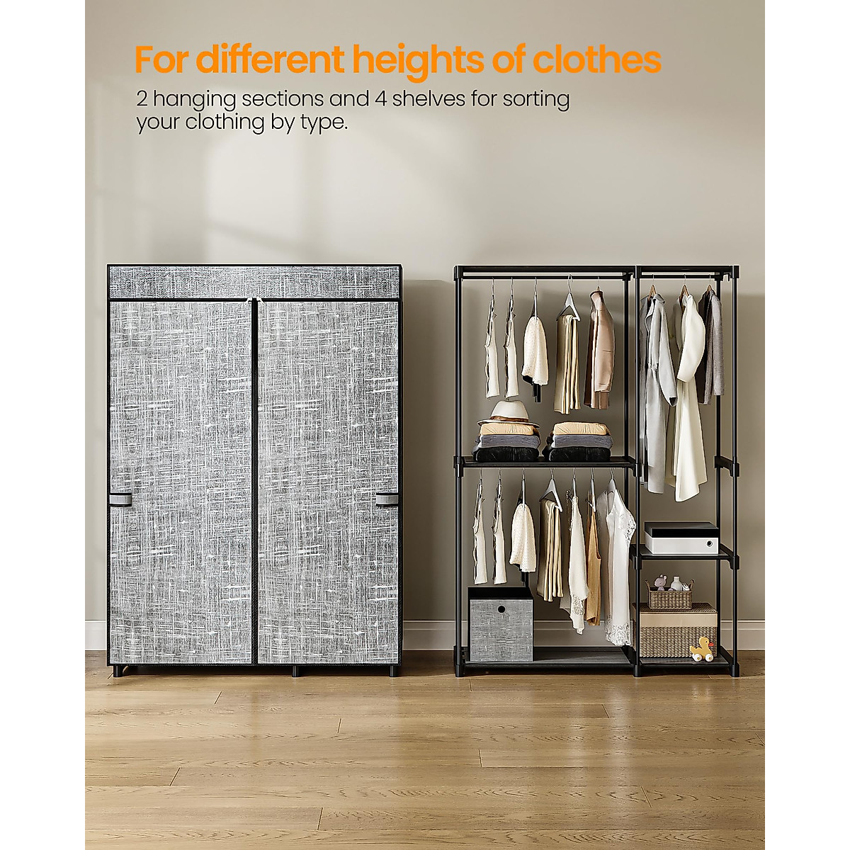 Hzuaneri Closet Wardrobe, 48.8-inch Portable Closet for Bedroom, 3 Clothes Rail Clothes Rail with Fabric Cover, Clothes Storage Organizer, 48.8 x 16.9 x 71.8 Inches, 4 Compartments, Grey WC09304G