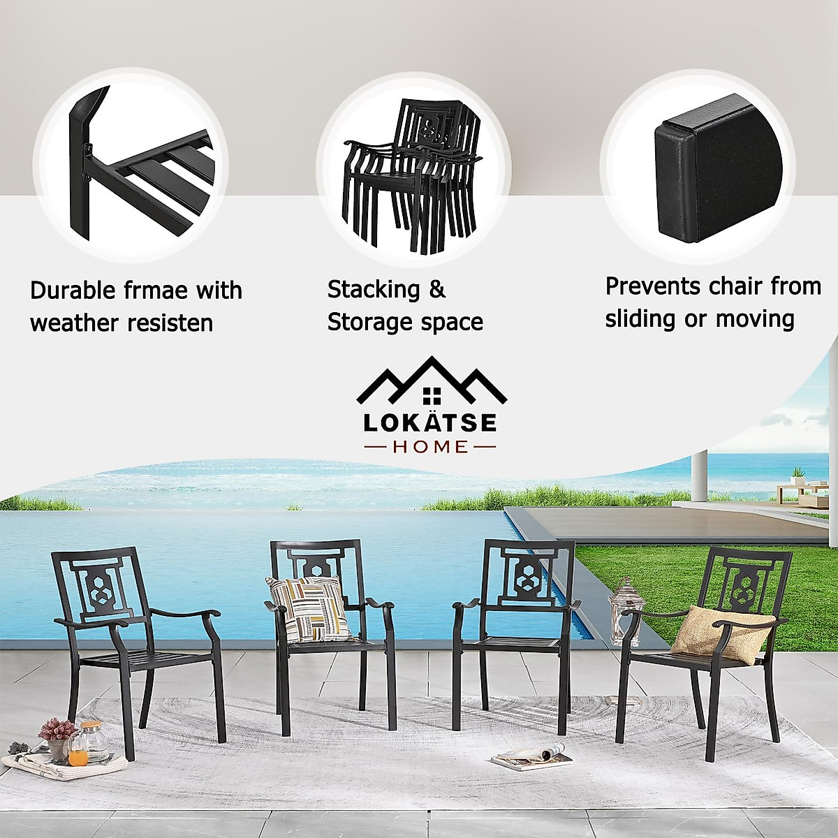 LOKATSE HOME 4 Pcs Metal Stackable Patio Dining Chairs for Garden Backyard Lawn Supports 300 lbs, Black