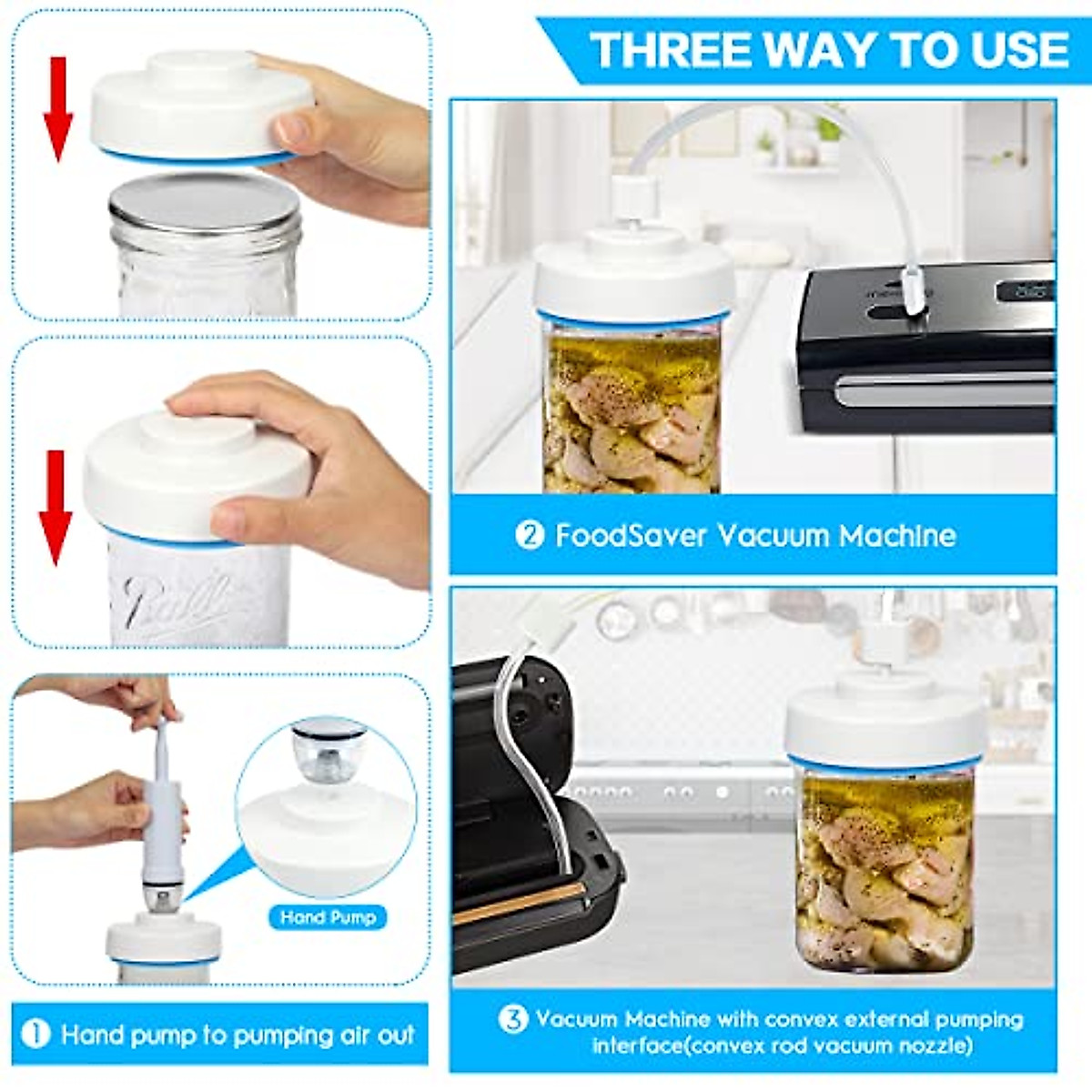 Jar Sealer and Accessory Hose Kit, 18Pcs Jar Sealing Kit for Regular and Wide Mouth Jars Compatible with FoodSaver Suction Port Vacuum Nozzle 5.5mm to 6mm(with Manual Portable Vacuum Pump)