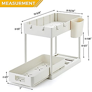 Ravinte 2 Pack Pull Out Under Sink Organizer 2 Tier Multi Purpose Sink Organizers Storage For Bathroom Kitchen Sink Storage Organizer With Hook & Hanging Cup White Sliding Cabinet Organizer