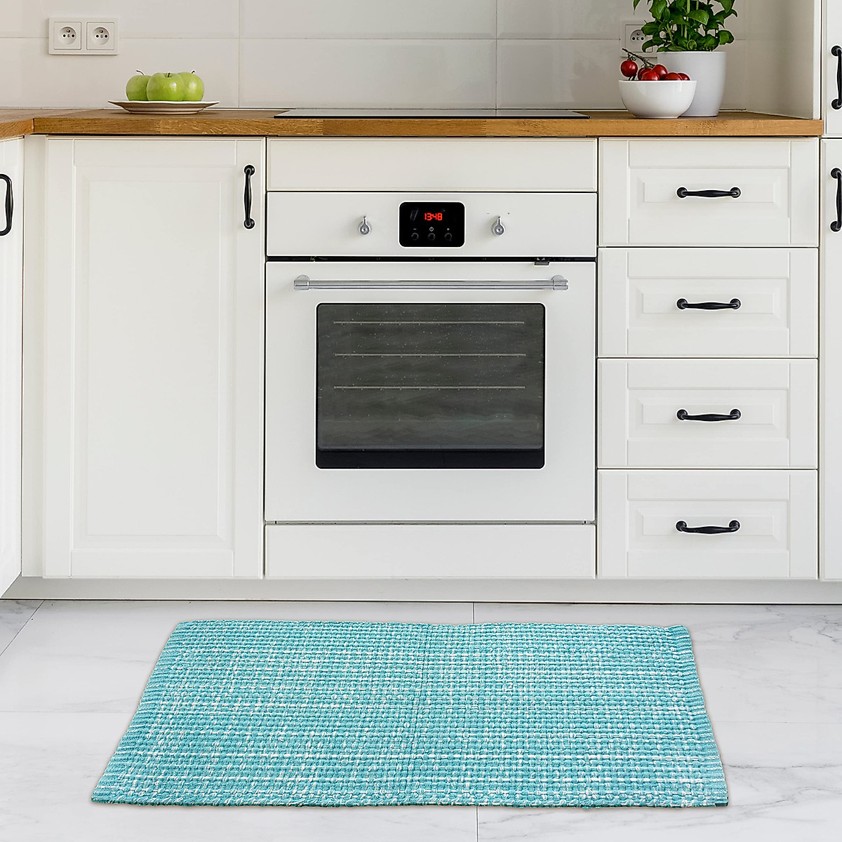 Chardin home Cotton Washable Rug Turquoise and White | 21x34 Bathroom Rug Kitchen entryway | Reversible Handwoven Rug Machine Washable.